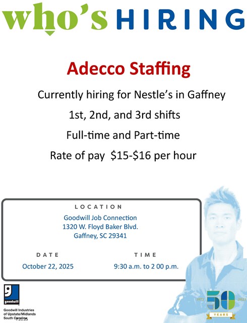 Goodwill is Hosting Hiring Event for Nestle's in Gaffney in October ...
